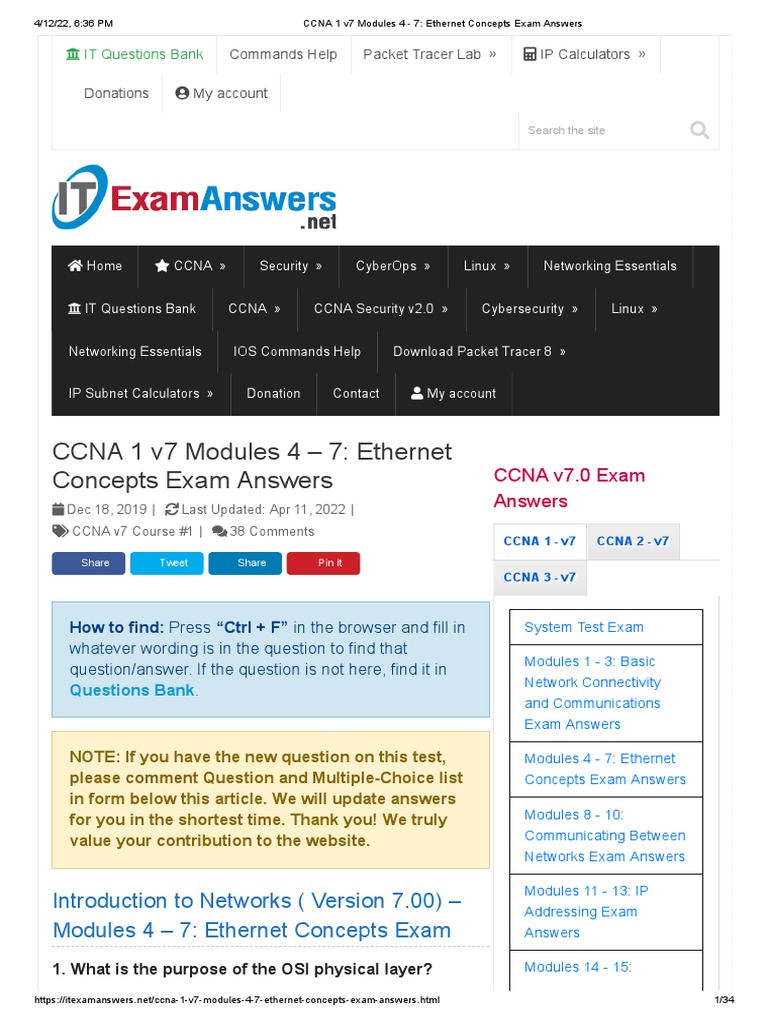 CCNA 1 v7 Modules 4 - 7 - Ethernet Concepts Exam Answers | PDF | Computer Network | Network Topology