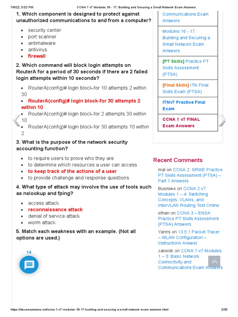 CCNA 1 v7 Modules 16 - 17 - Building and Securing A Small Network Exam Answers | Download Free ...