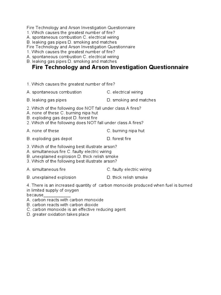 Fire Technology and Arson Investigation Questionnaire | PDF | Fires ...