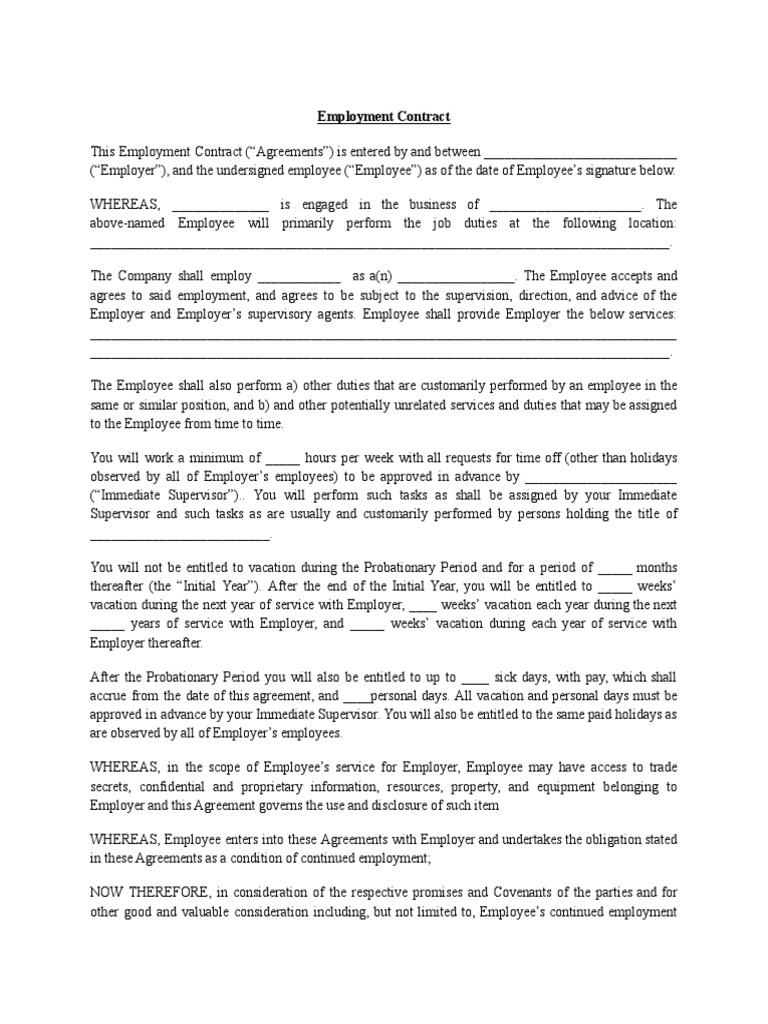 PDF Template Employment Contract Template | PDF | Breach Of Contract ...