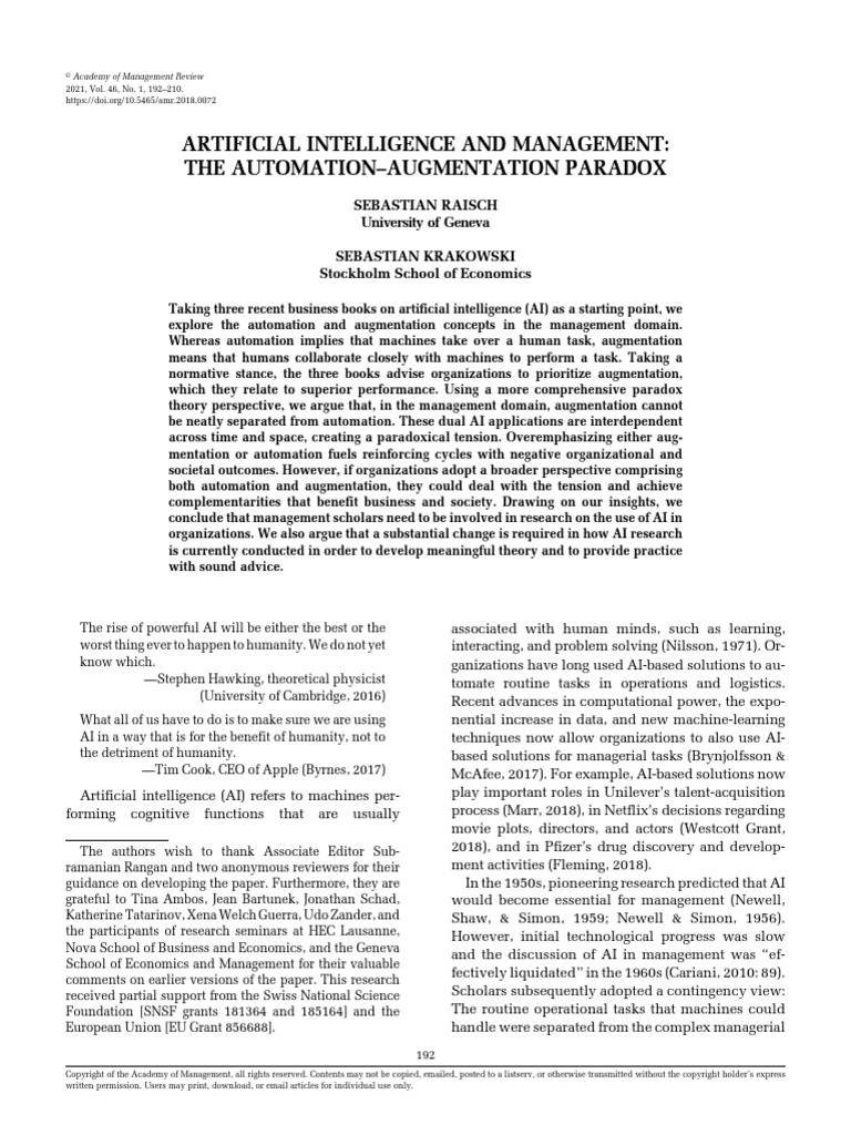 Artificial Intelligence and Management The Automation Augmentation ...