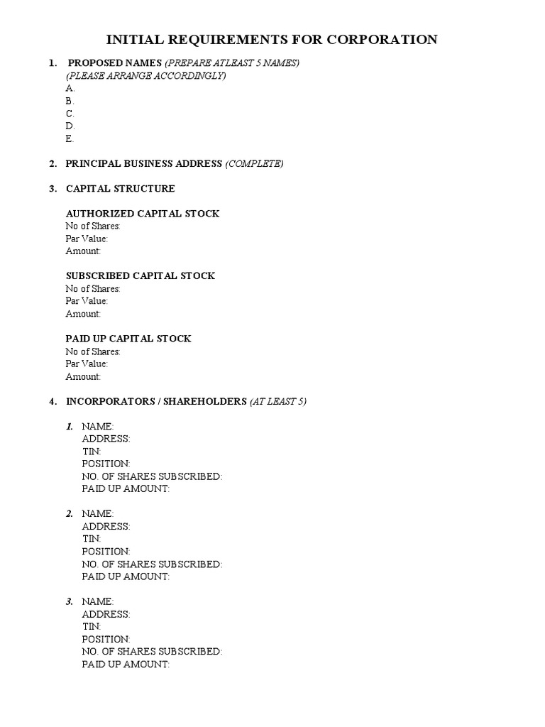Corporation Initial Requirements Checklist | PDF