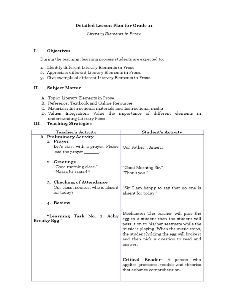 Teaching Prose Detailed Lesson Plan | PDF | Lesson Plan | Narration