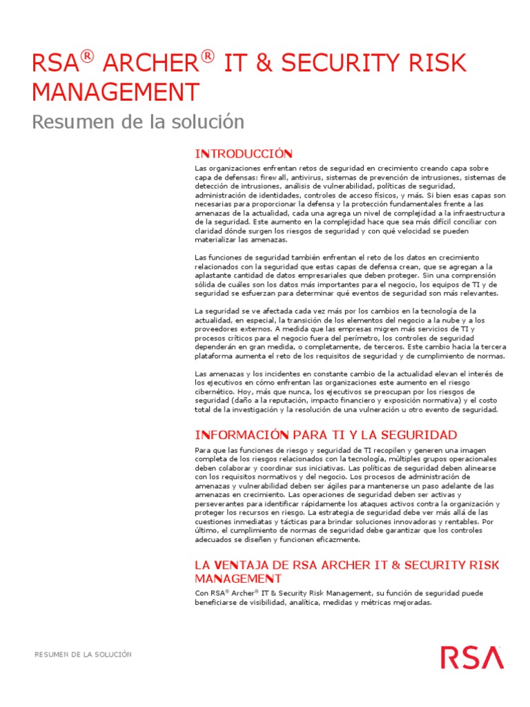 SPANISH Solution Brief RSA Archer ITSRM H15021 5-2016 | PDF | Informática