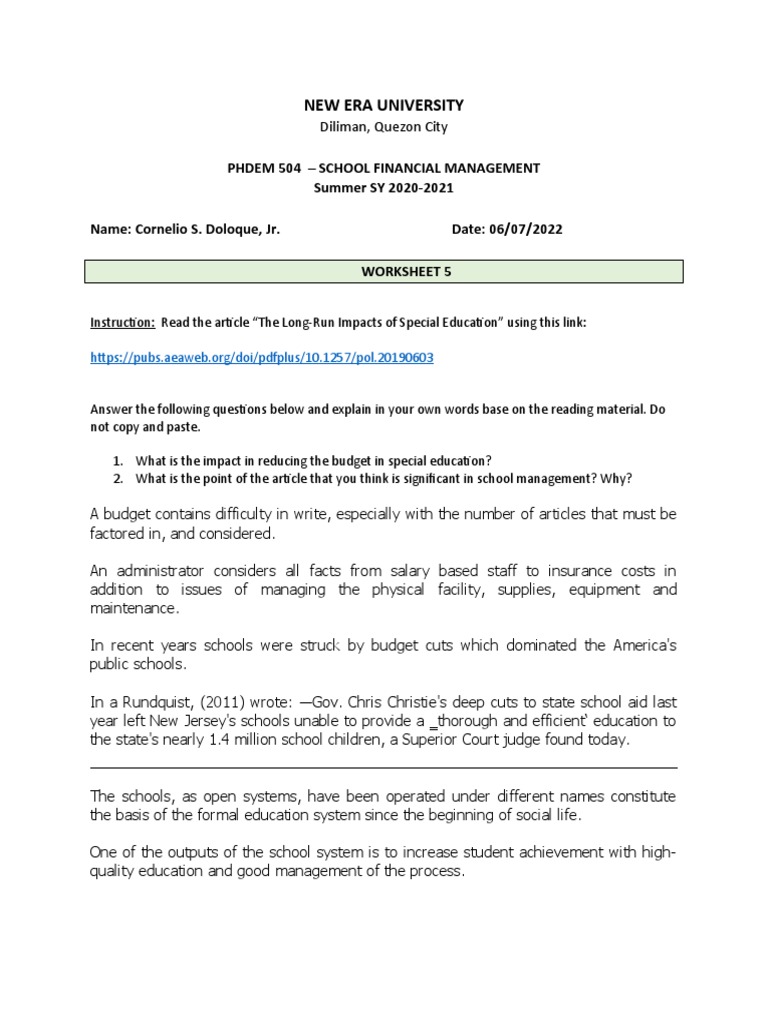 School Financial Management | PDF | Special Education | Teachers