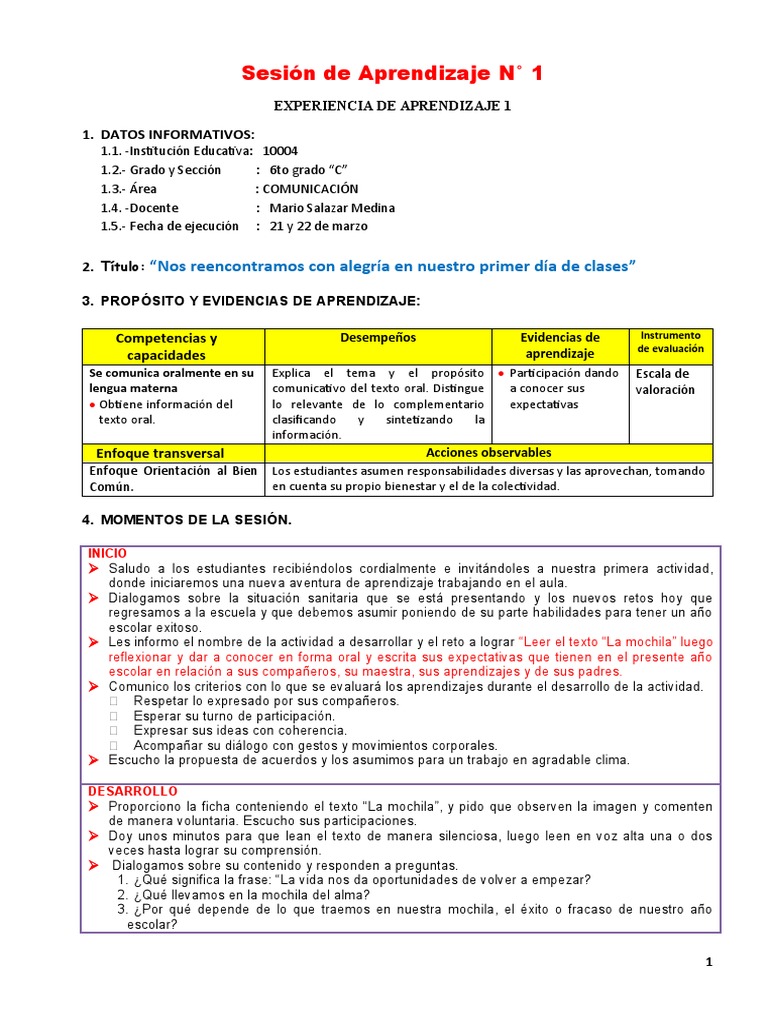 Sesión 1 Nos Reencontramos Con Alegría en Nuestro Primer Día de Clases. | PDF | Aprendizaje ...