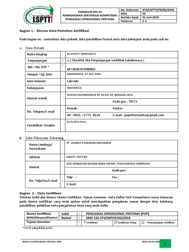 Form FR - Apl-01 Pop Puput Heriyanto | PDF