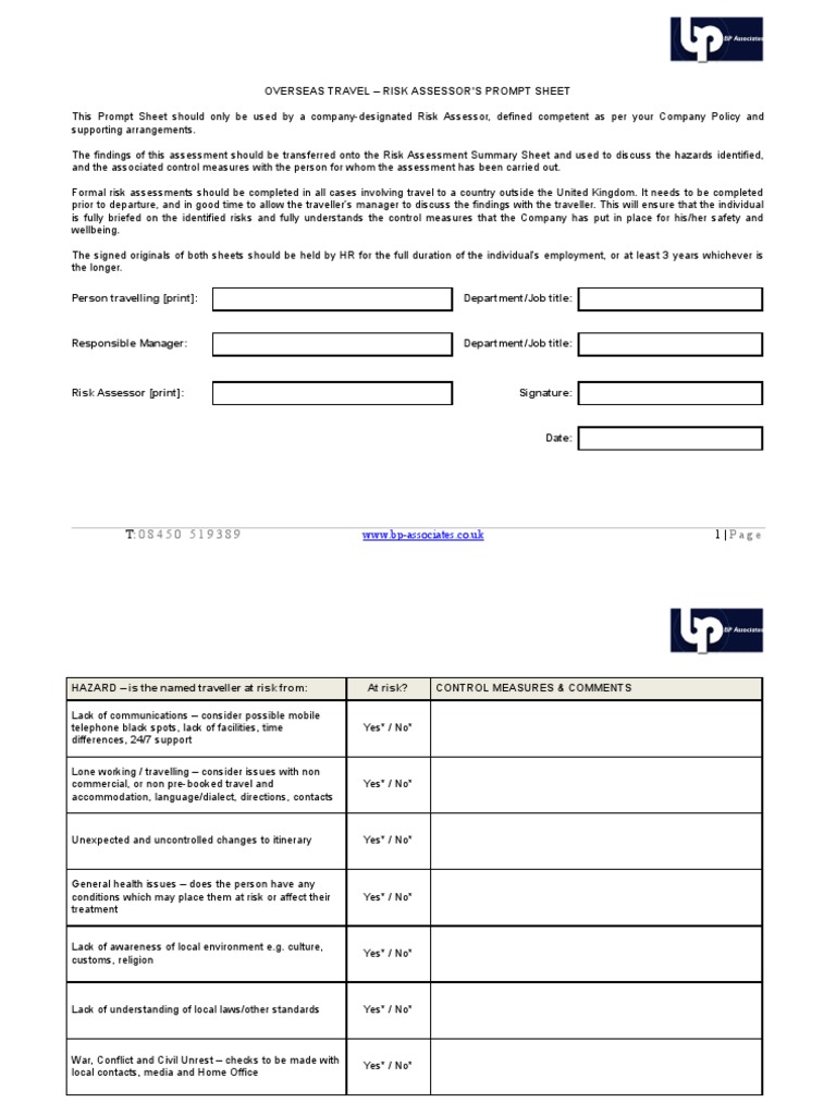 Travel Risk Assessment Summary and Prompt Sheets | Risk Assessment | Risk