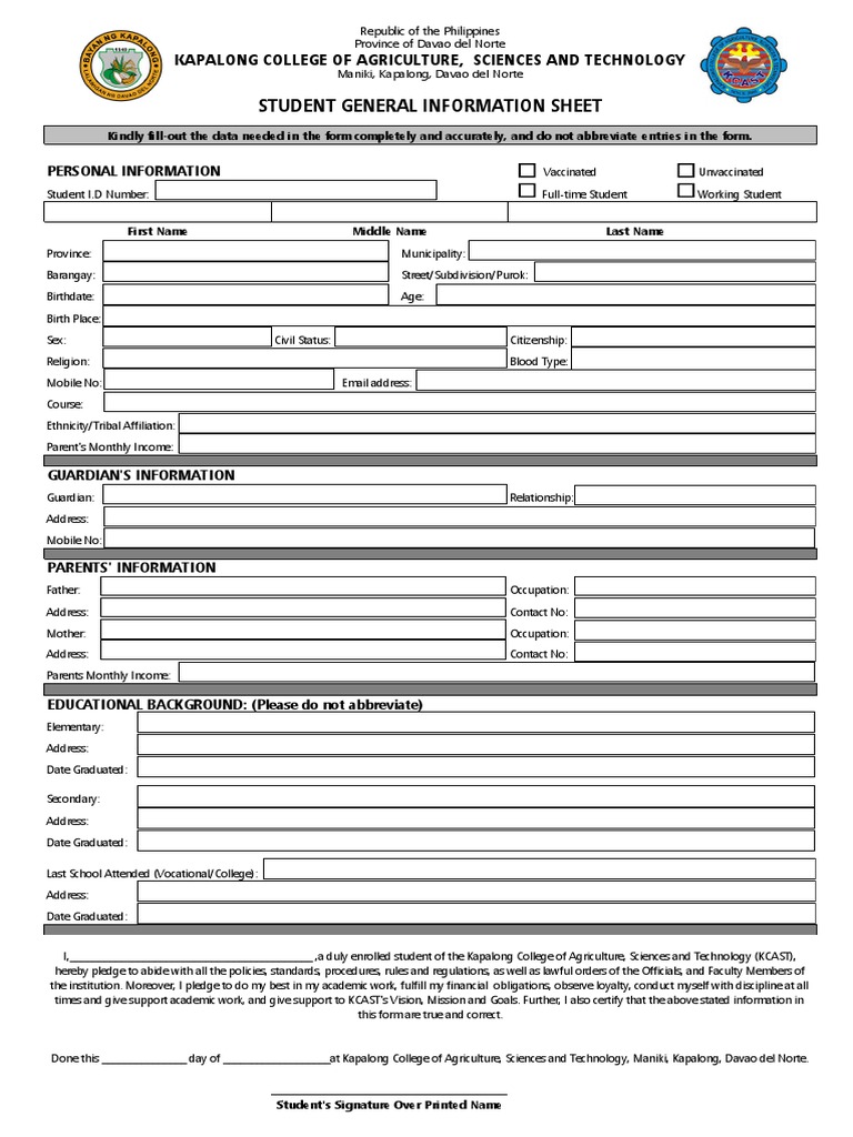 Students Personal Infromation Form | PDF