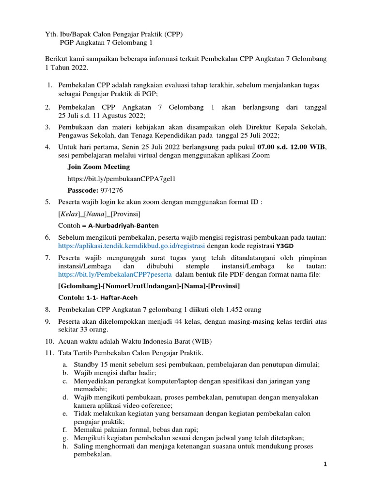 Informasi Pembekalan CPP - A7 - Gelombang - 1 | PDF