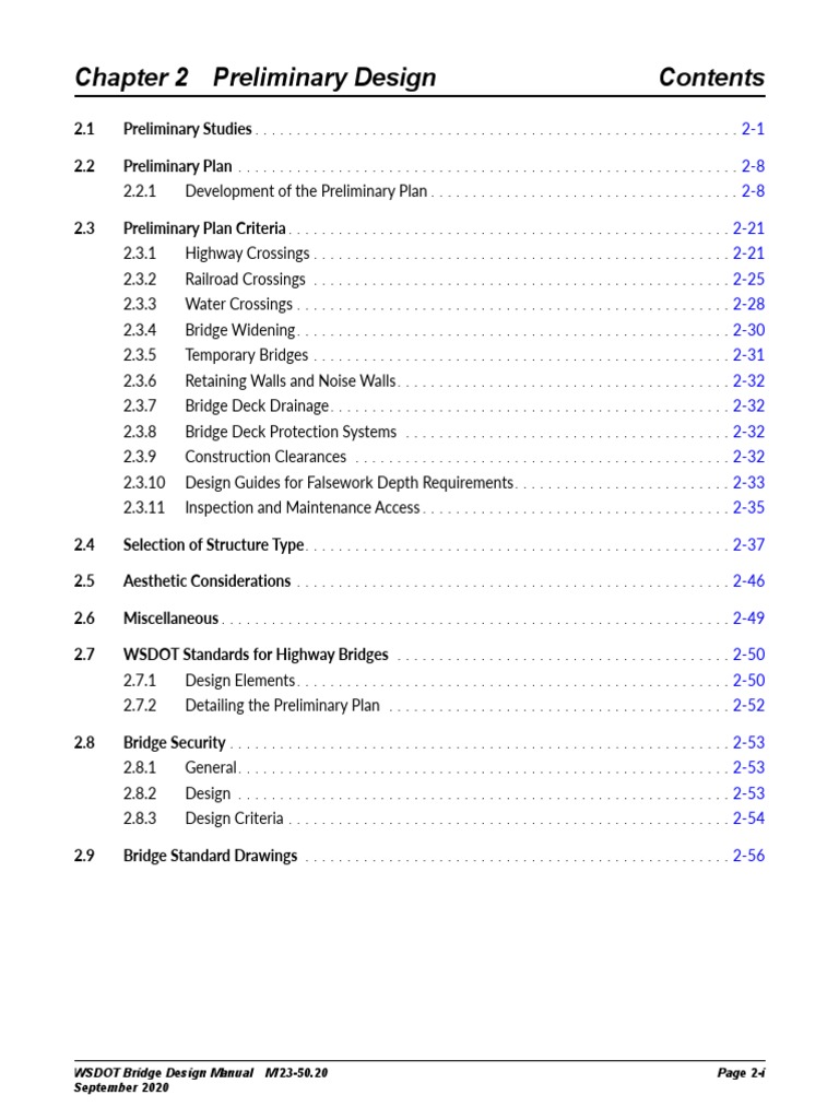 Chapter 2 Preliminary Design Contents: WSDOT Bridge Design Manual M 23-50.20 Page 2-I September ...