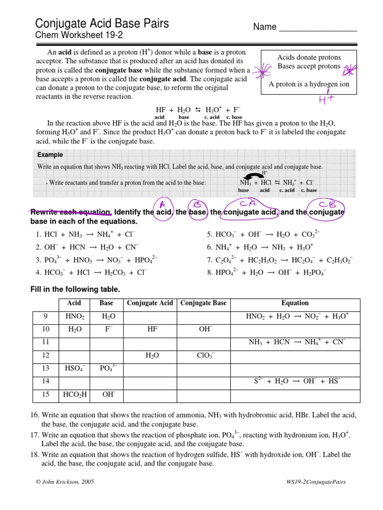 Conjugate Acid Base Pairs: Name - Chem Worksheet 19-2 | PDF | Acid ...