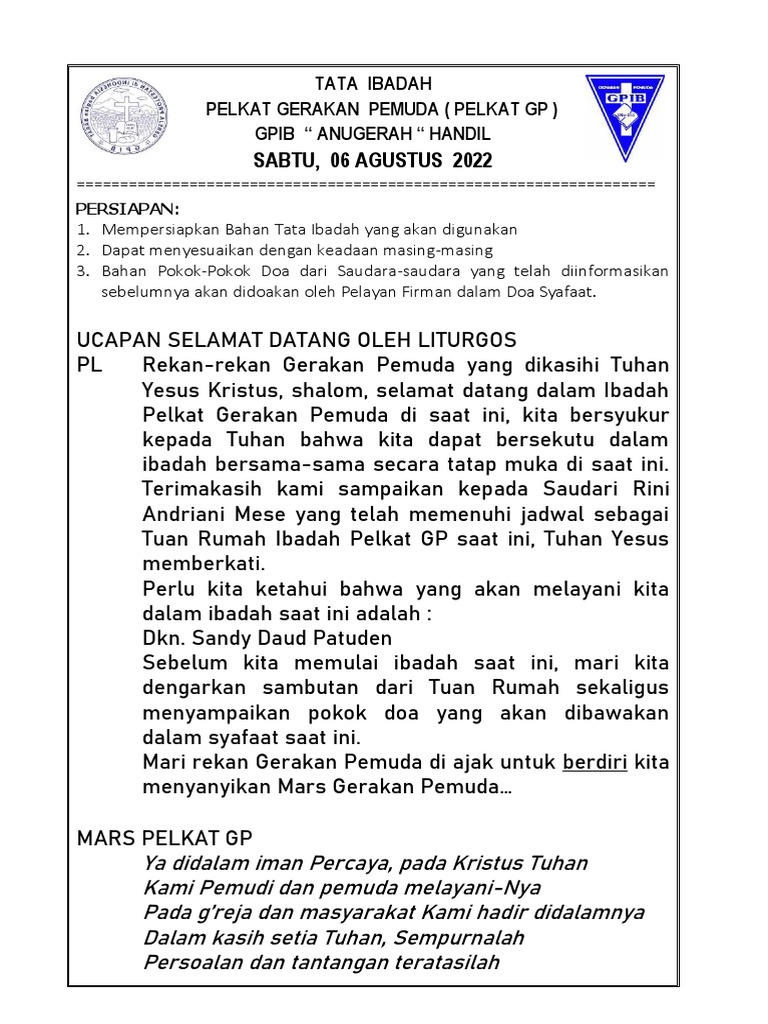 Tata Ibadah Pelkat GP GPIB Anugerah | PDF
