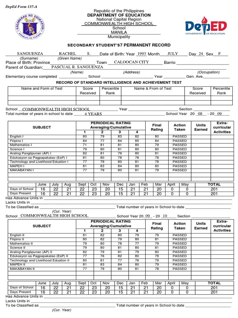 Form 137 - Rachel | PDF
