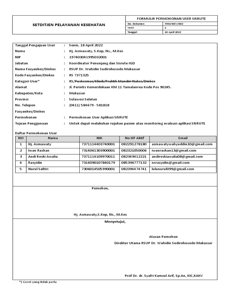 Form Permohonan User SISRUTE RS WS | PDF