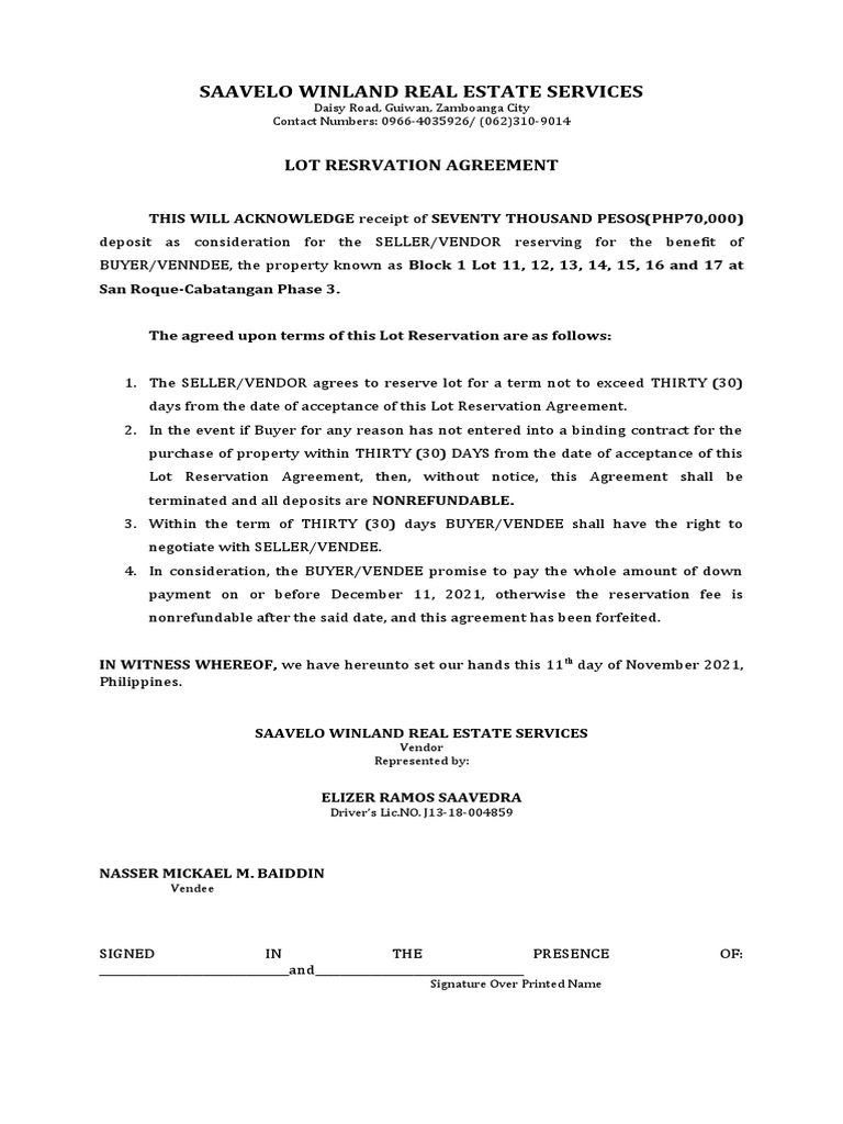Lot Resrvation Agreement | PDF