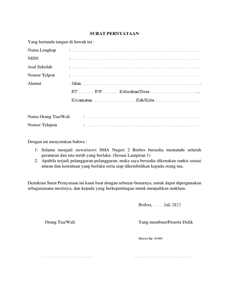 Surat Pernyataan Peserta Didik | PDF