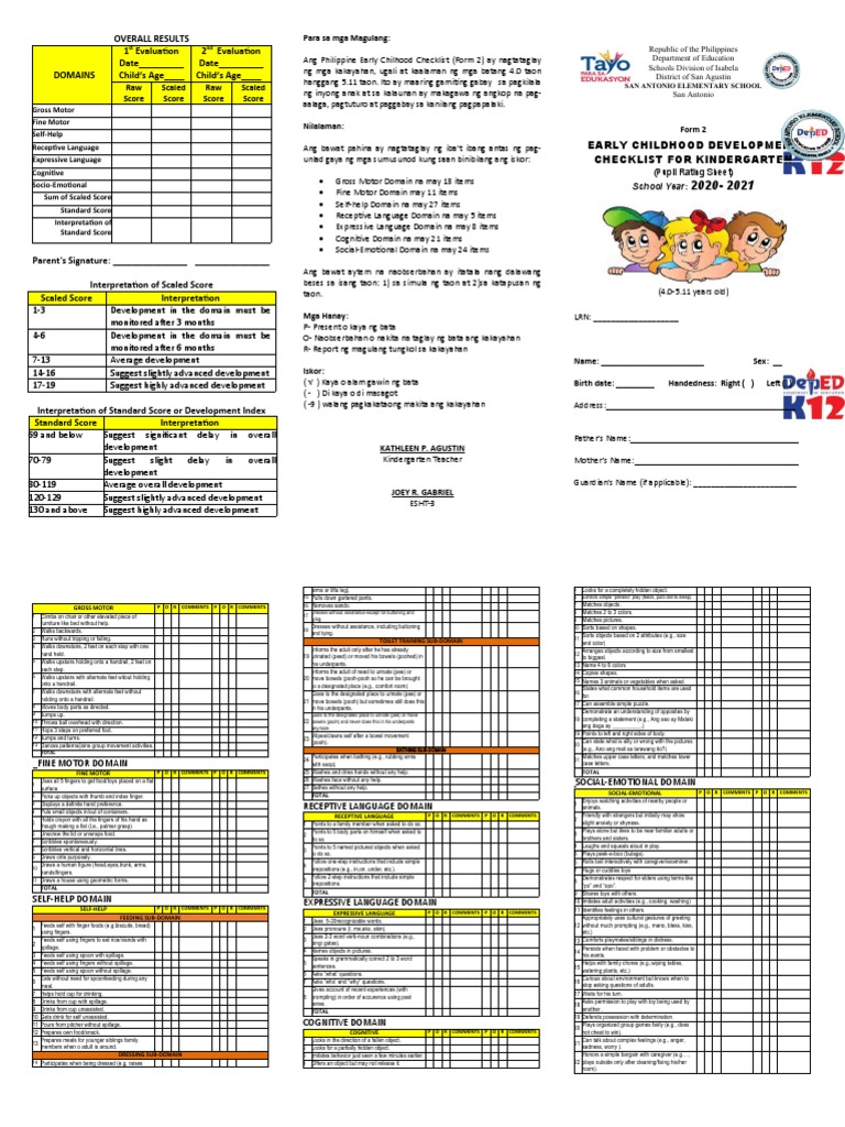 Early Childhood Development Checklist For Kindergarten | PDF