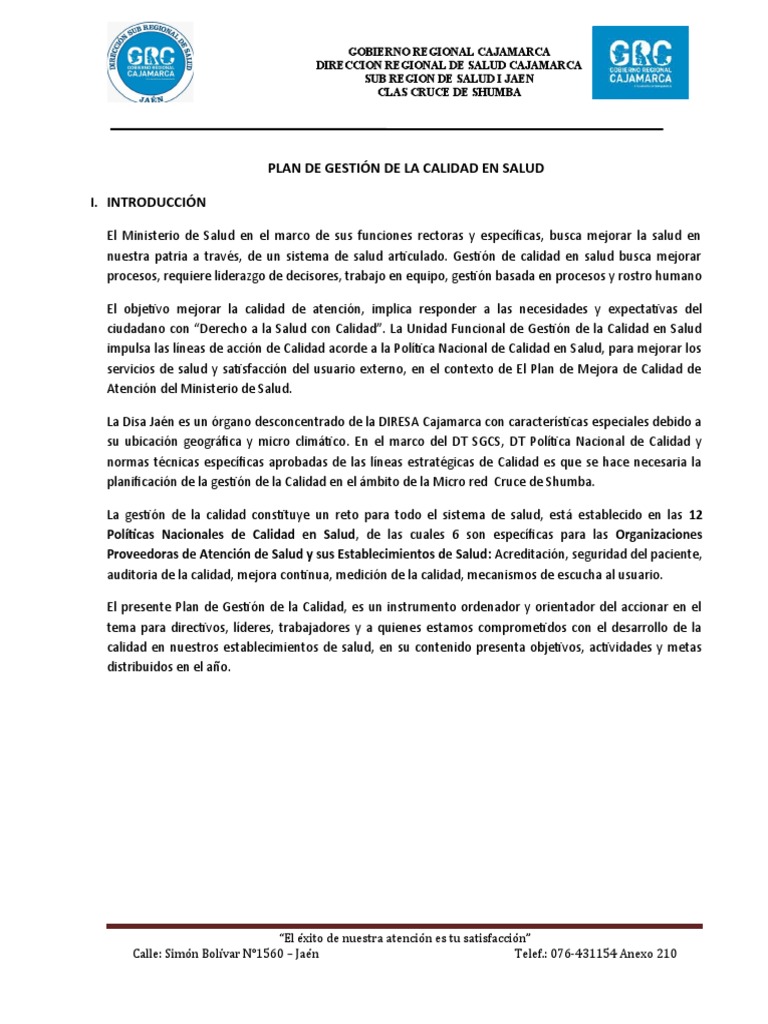 Plan CALIDAD CRUCE SHUMBA 2022 | PDF | Calidad (comercial) | Gestión de la calidad