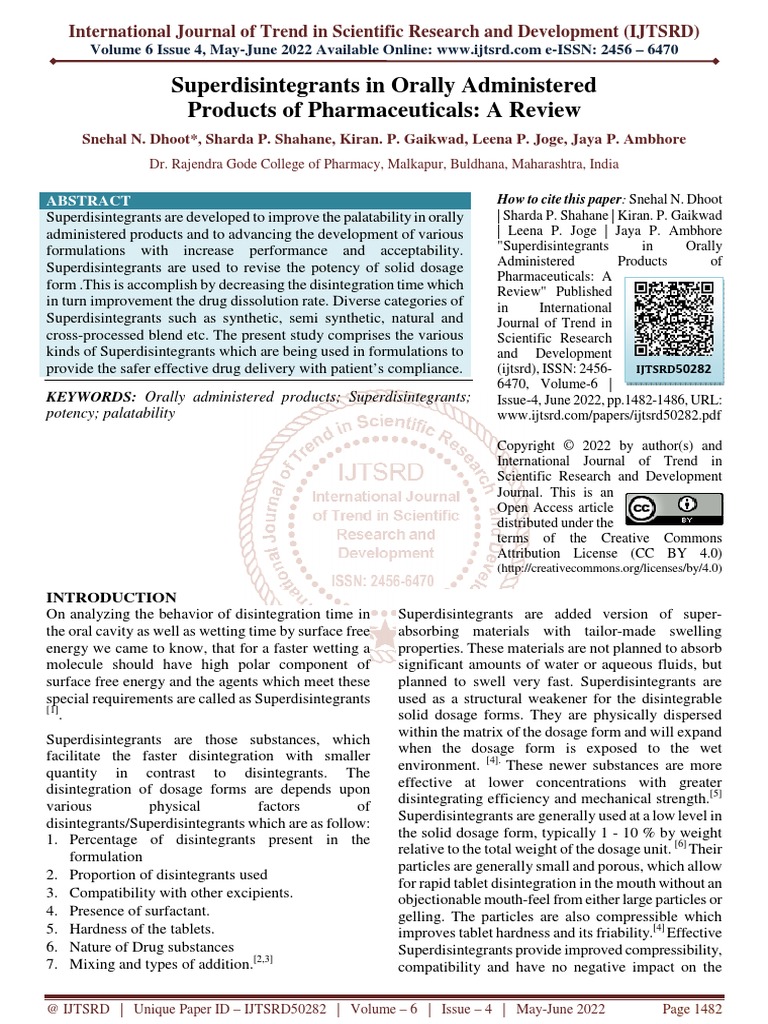 Superdisintegrants in Orally Administered Products of Pharmaceuticals A ...