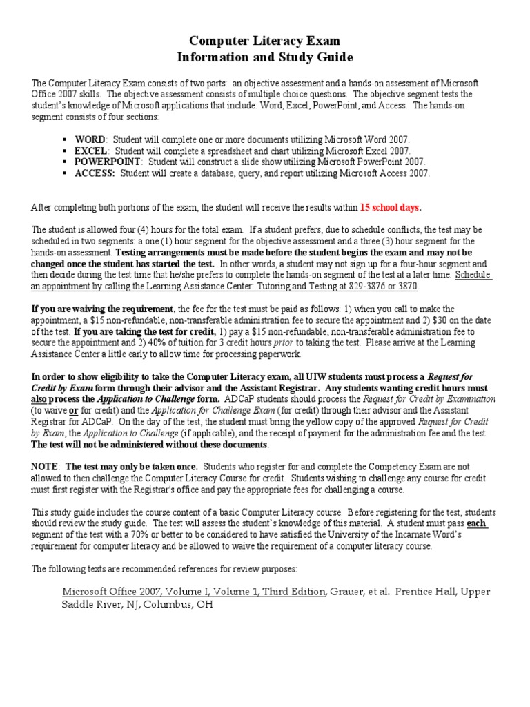 Computer Literacy Exam Information and Study Guide | PDF | Test ...