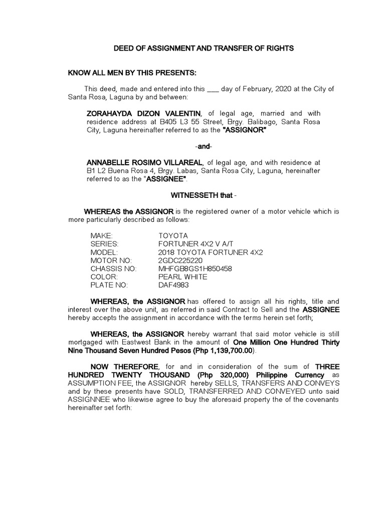 Deed of Assignment and Transfer of Rights | PDF | Assignment (Law ...