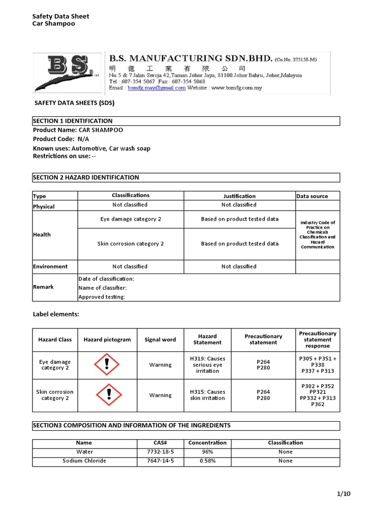 Safety Data Sheet Car Shampoo: Type Classifications Justification Data ...