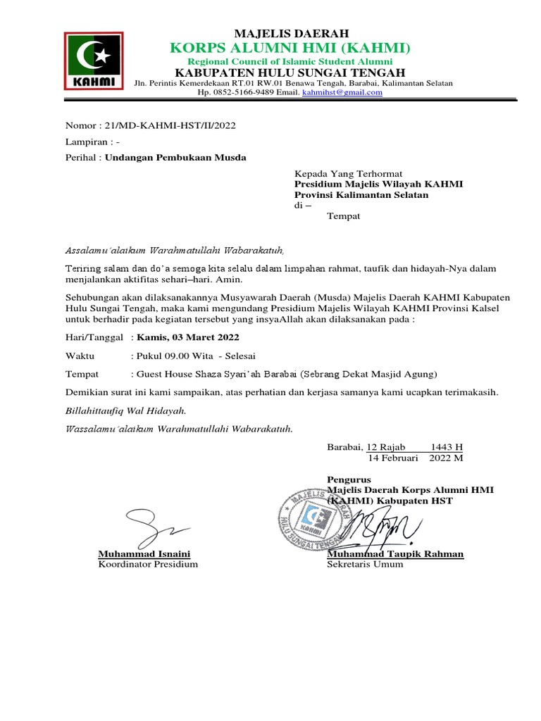 Undangan Musda KAHMI Kabupaten HST | PDF
