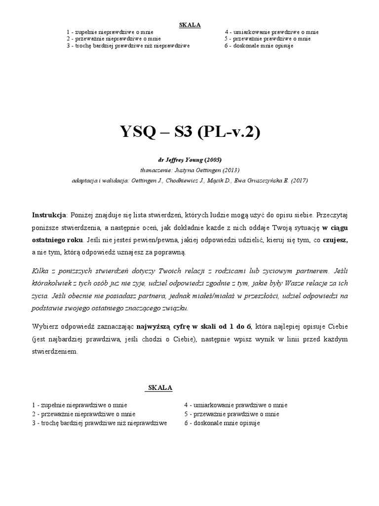 Kwestionariusz YSQ-S3 (PL-v.2) - Od Justyny O - W 2019 | PDF