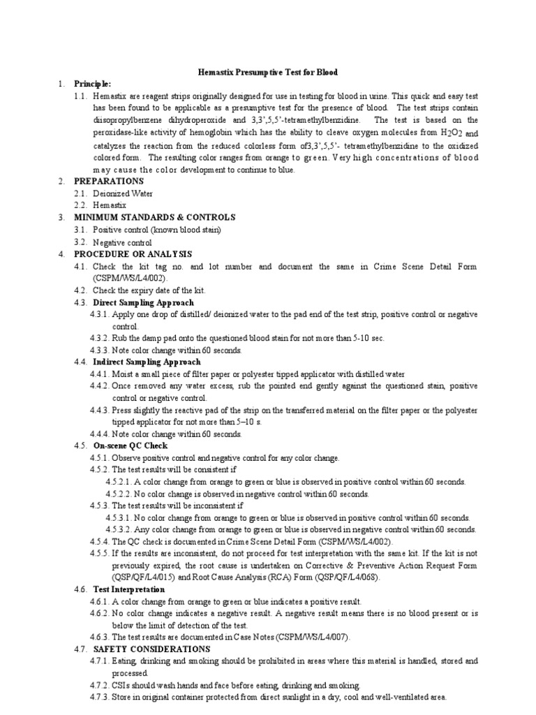Hemastix Presumptive Test For Blood | PDF | Blood | Crime Scene