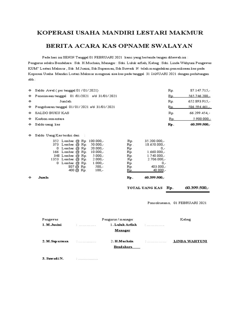 Berita Acara Kas Opname 2021 | PDF