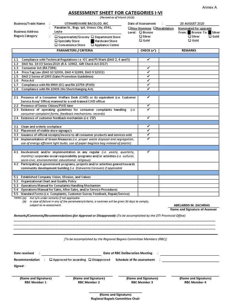Annex A - Bagwis Assessment Form - ORMOC2020 | PDF | Business | Economies