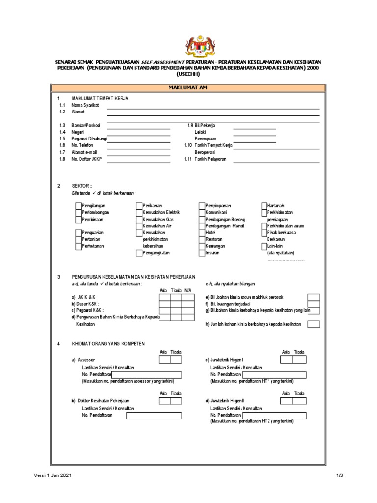 Senarai Semak Self Assessment Peraturan USECHH 2000 | PDF