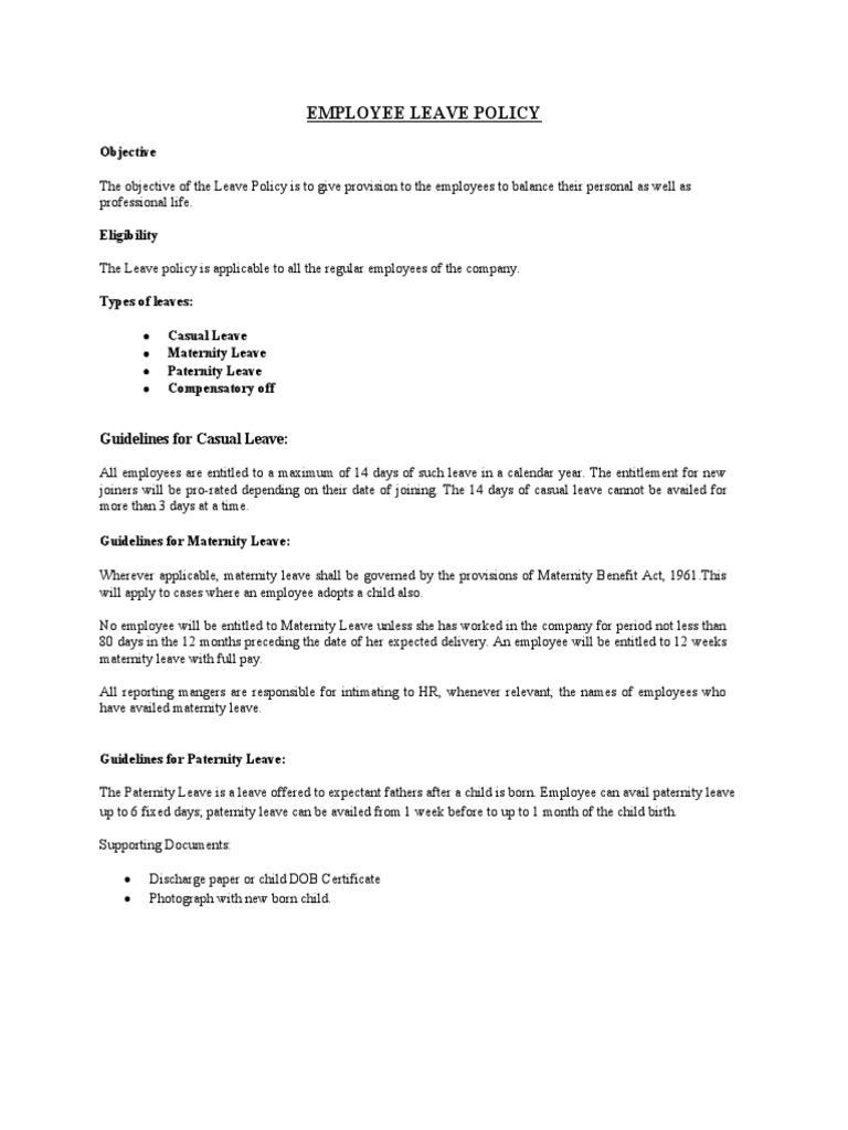 Employee Leave Policy: Objective | PDF | Parental Leave | Social ...