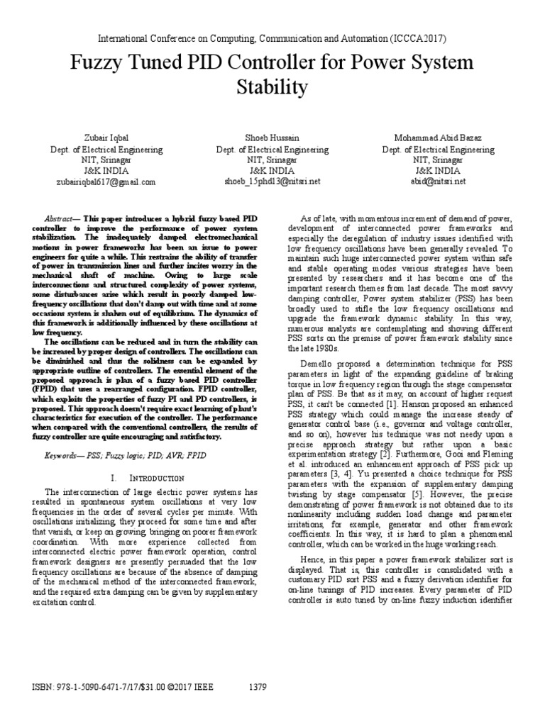 Fuzzy Tuned PID Controller For Power System Stability | PDF | Fuzzy ...