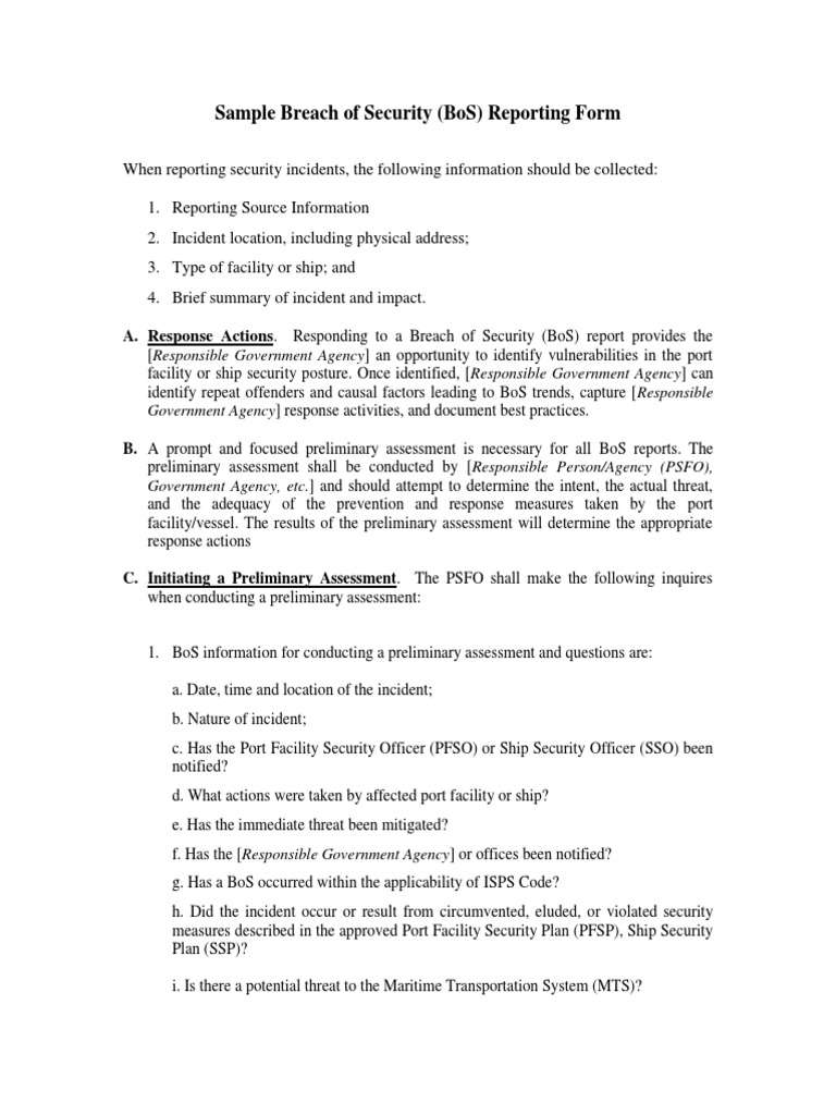 Sample Breach of Security (Bos) Reporting Form: Response Actions | PDF
