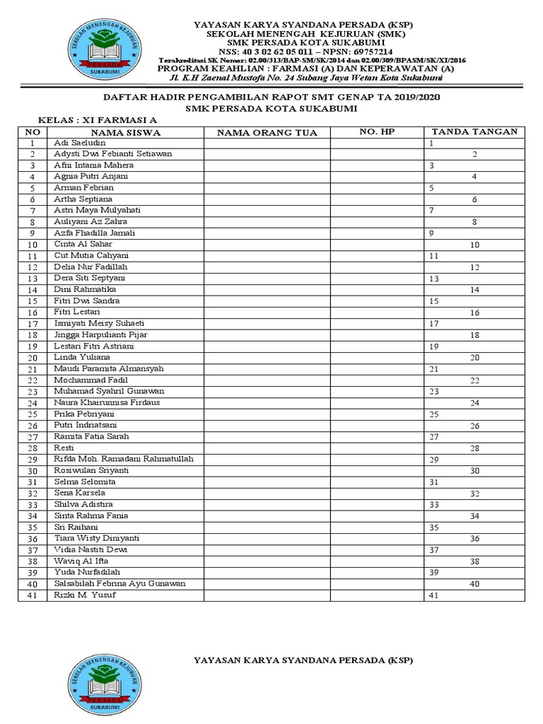 Daftar hadir pengambilan rapot SMK Persada | PDF