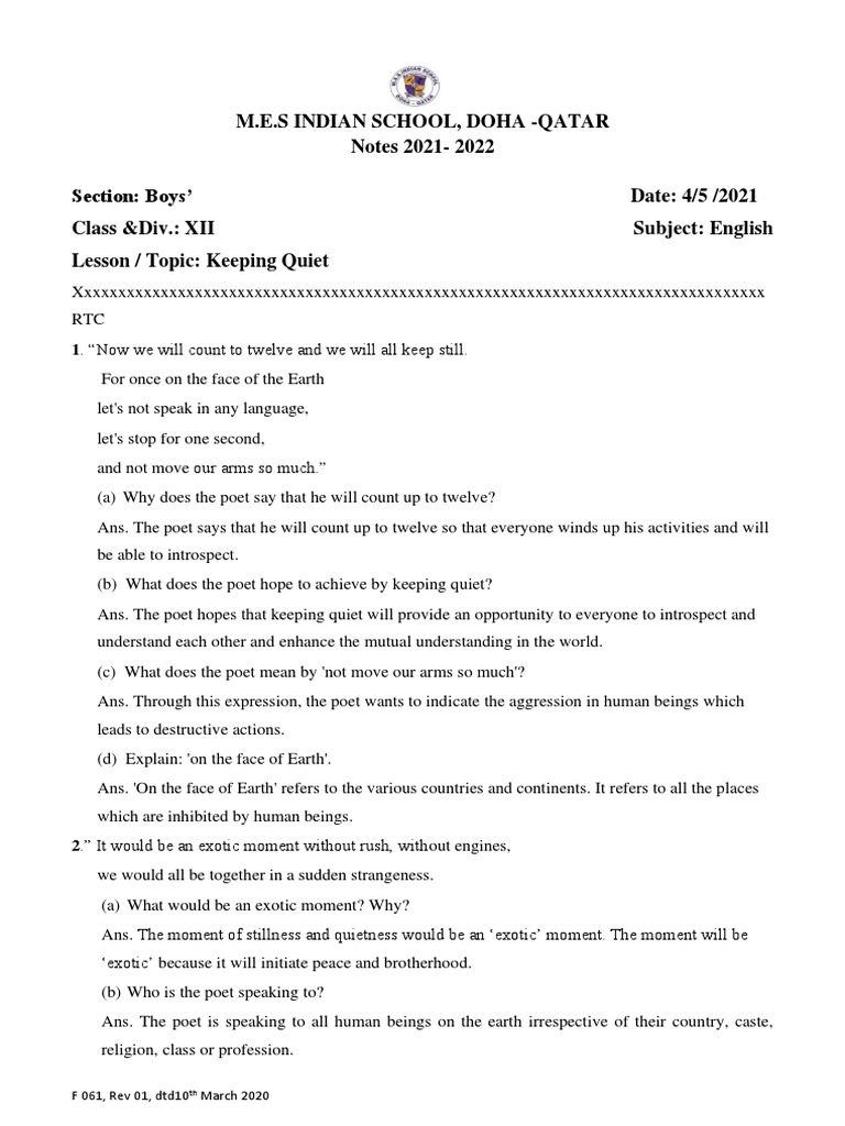 Class 12 English Notes Keeping Quiet | PDF