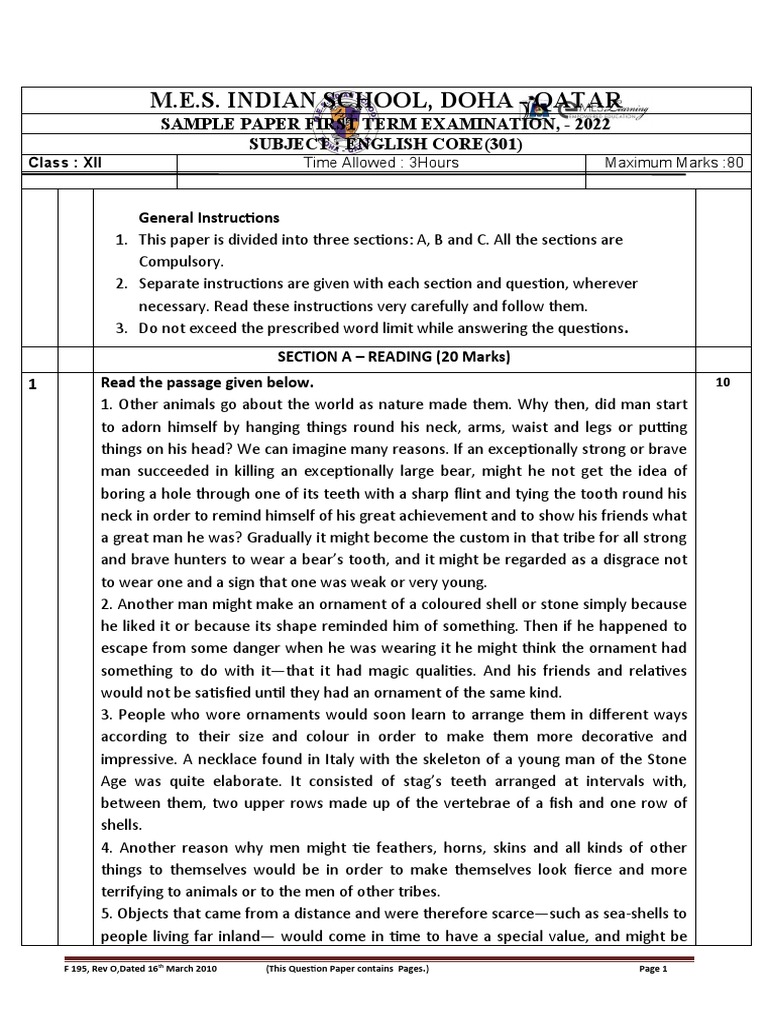 M.E.S. Indian School, Doha - Qatar: Sample Paper First Term Examination ...