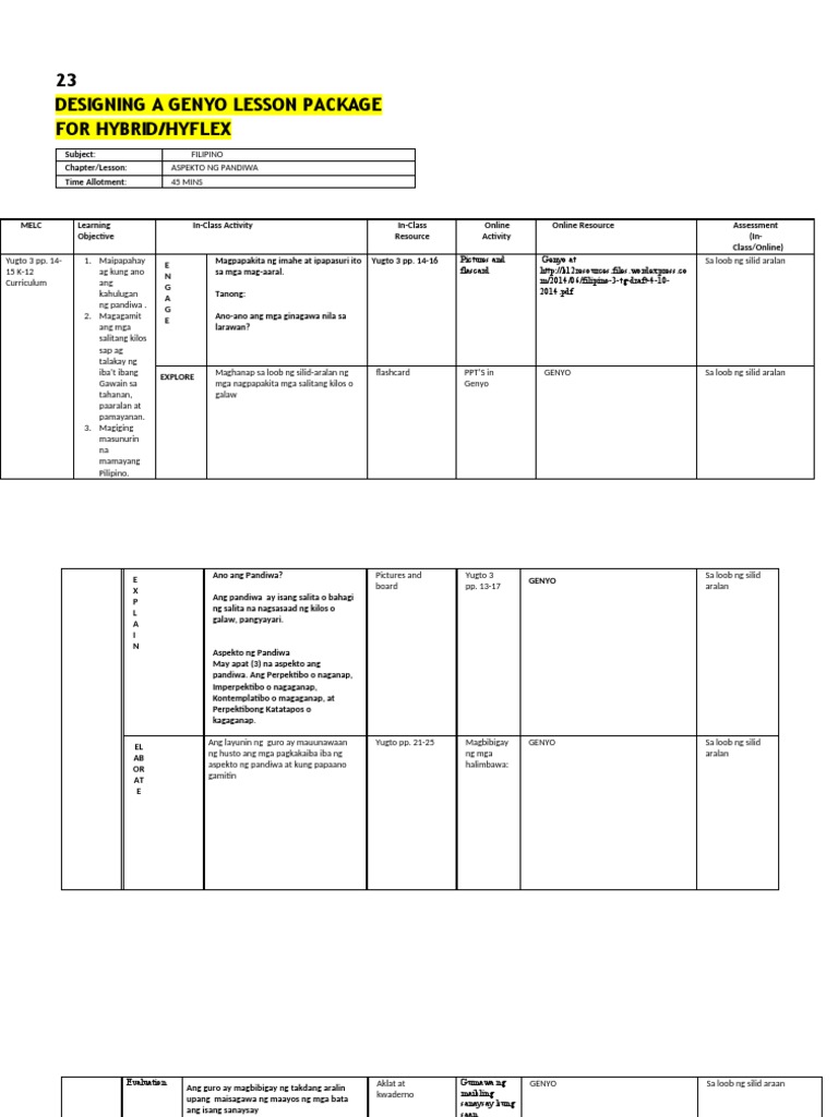 Genyo Learning Package Aspekto Ng Pandiwa - Maryhomes Branch 123647 (1) | PDF