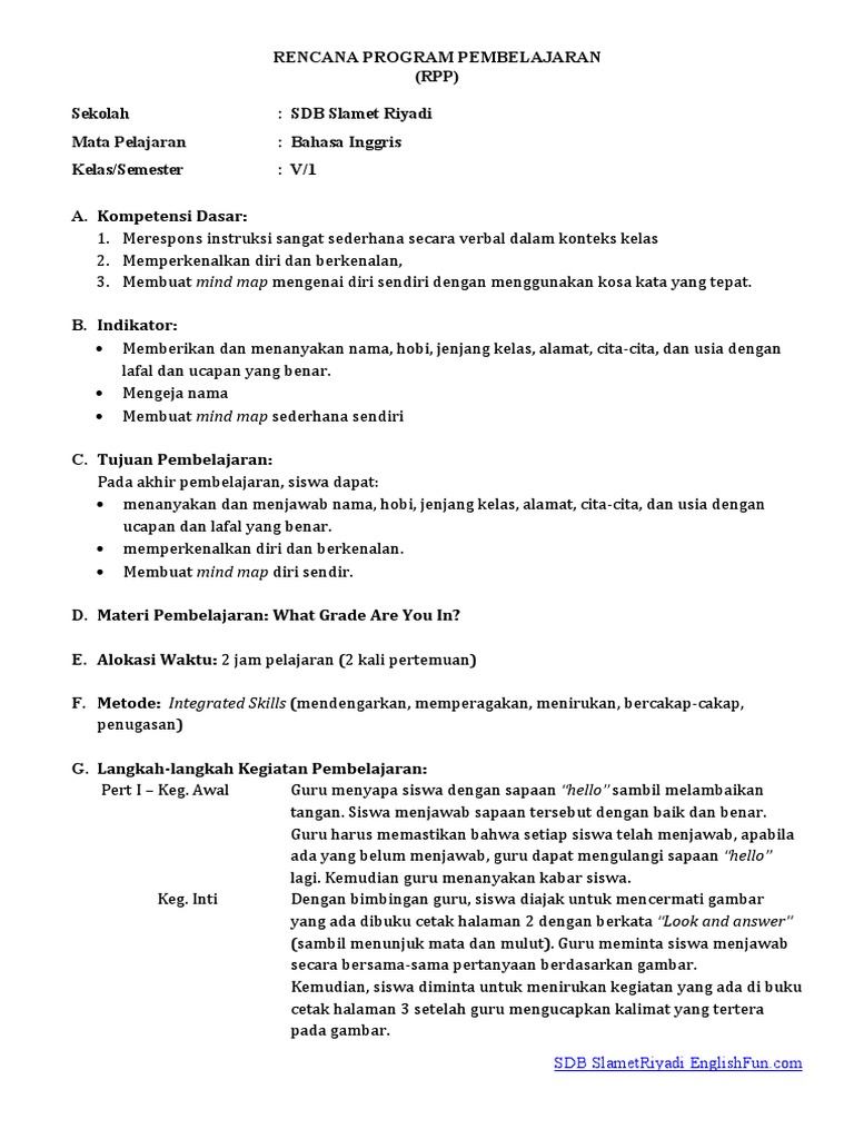 RPP K13 Bahasa Inggris Kelas 5 Semester 1 Revisi 2019 | PDF