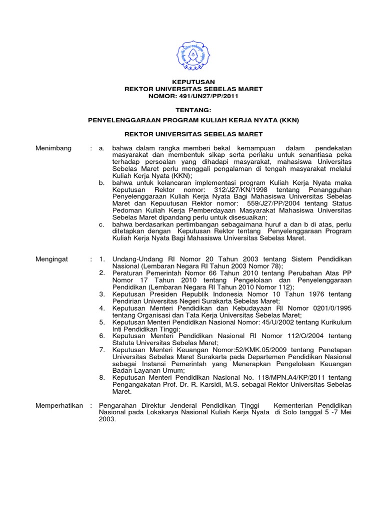 SK Rektor UNS PENYELENGGARAAN PROGRAM KULIAH KERJA NYATA (KKN) | PDF