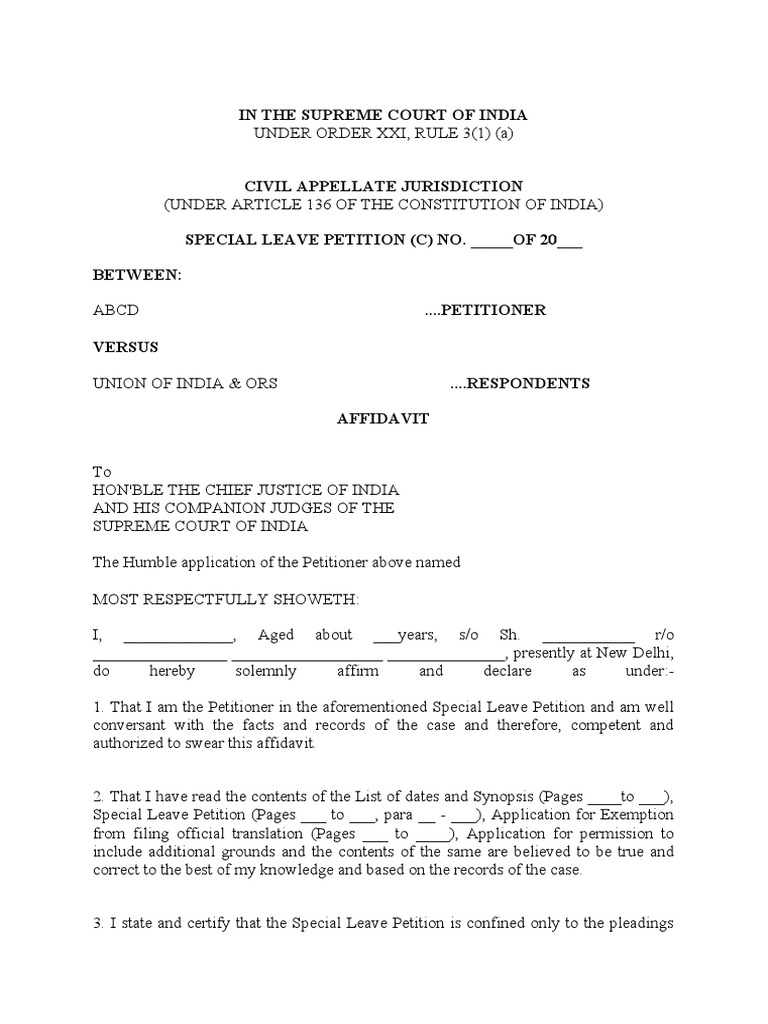 Format of Affidavit to Be Filed With SLP in Supreme Court | PDF ...