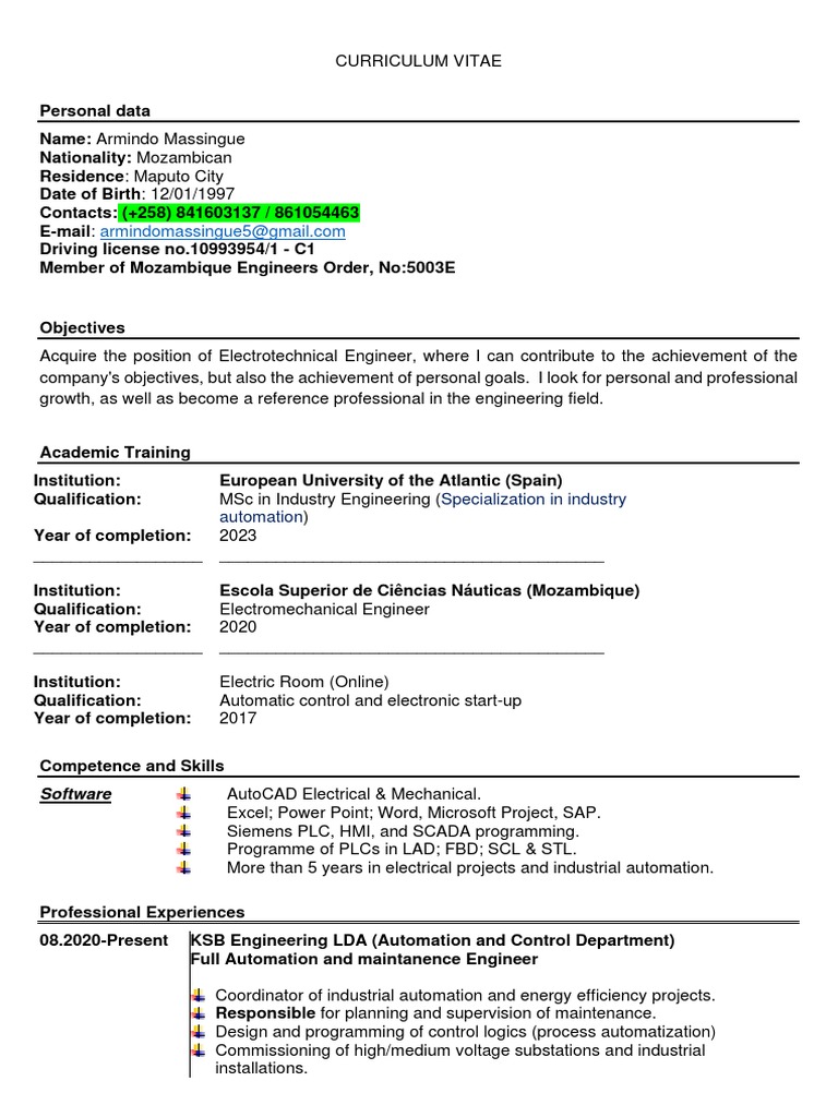 Electrotechnical Engineer CV - Armindo Massingue | PDF | Automation ...