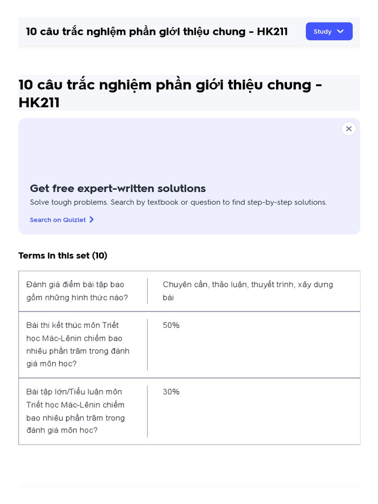 10 câu trắc nghiệm phần giới thiệu chung - HK211 Flashcards - Quizlet | PDF