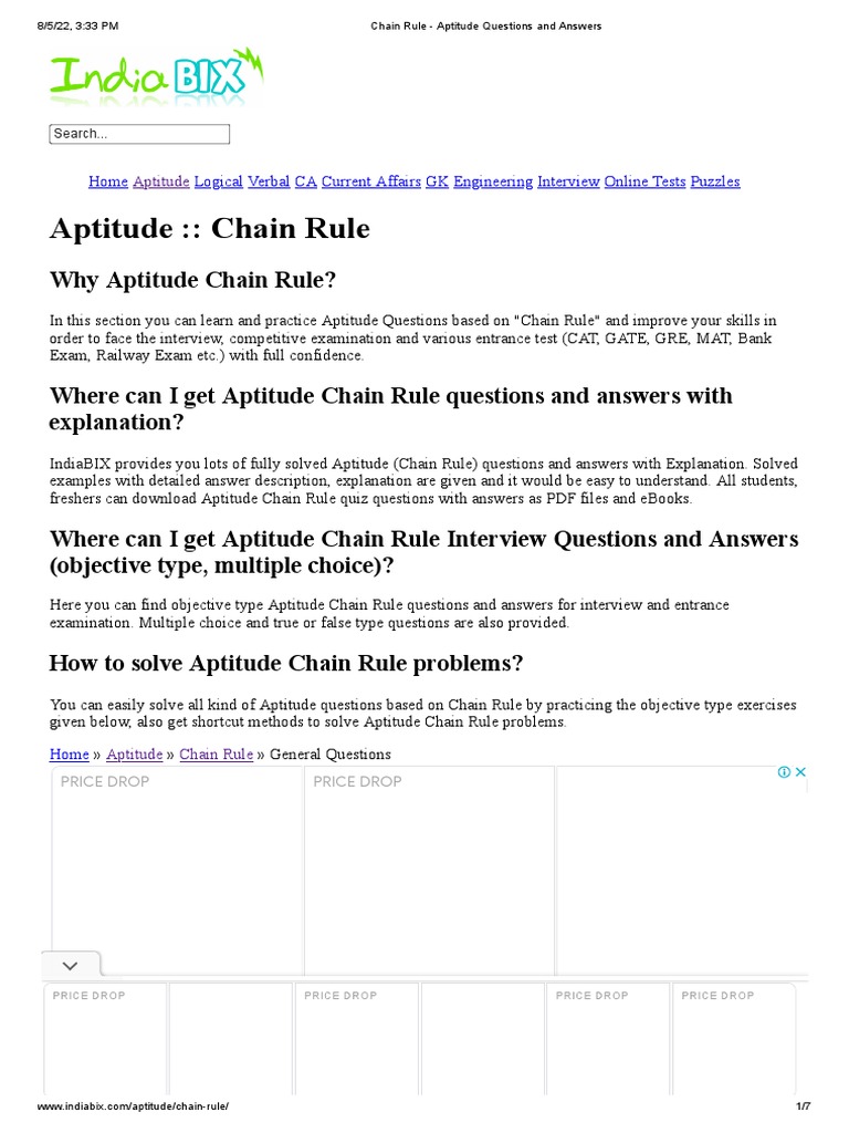 Chain Rule - Aptitude Questions and Answers | PDF | Test (Assessment ...