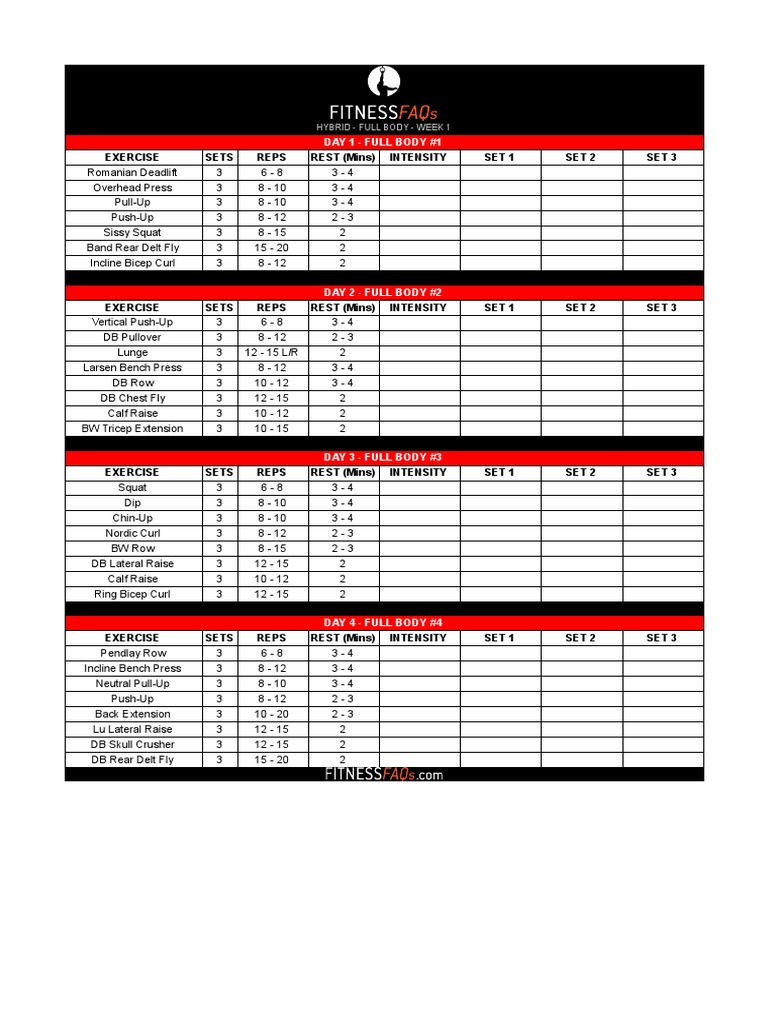 Exercise Sets Reps REST (Mins) Intensity Set 1 Set 2 Set 3: Day 1 ...