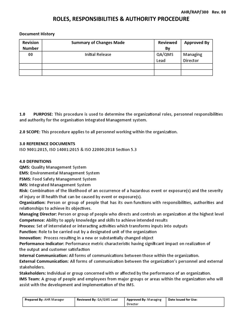 Roles Responsibility & Authority Procedure | PDF | Quality Management ...