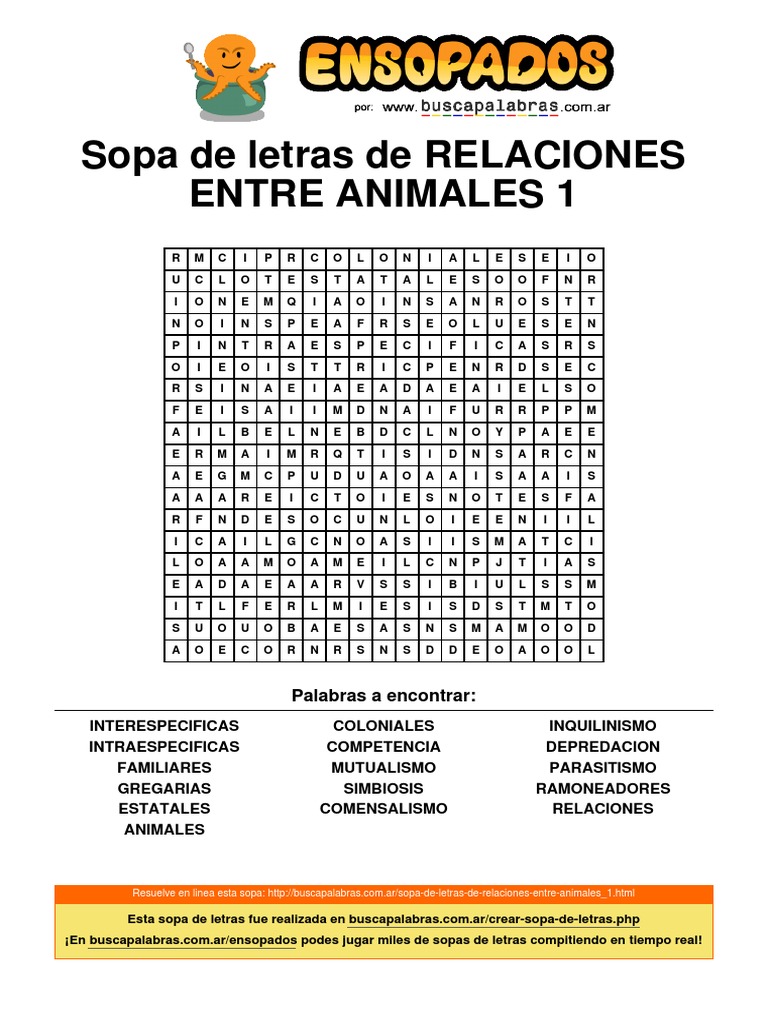 Sopa de Letras de Relaciones Entre Animales - 1 | PDF | Conceptos ...