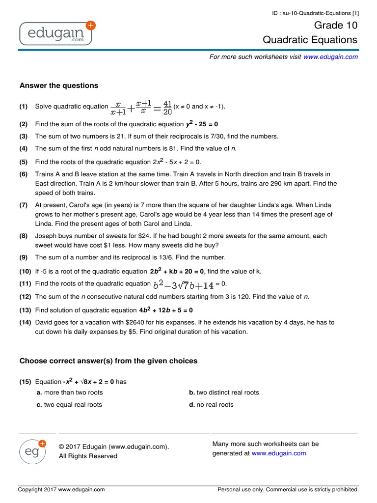 Grade 10 Quadratic Equations: Answer The Questions | PDF | Quadratic ...